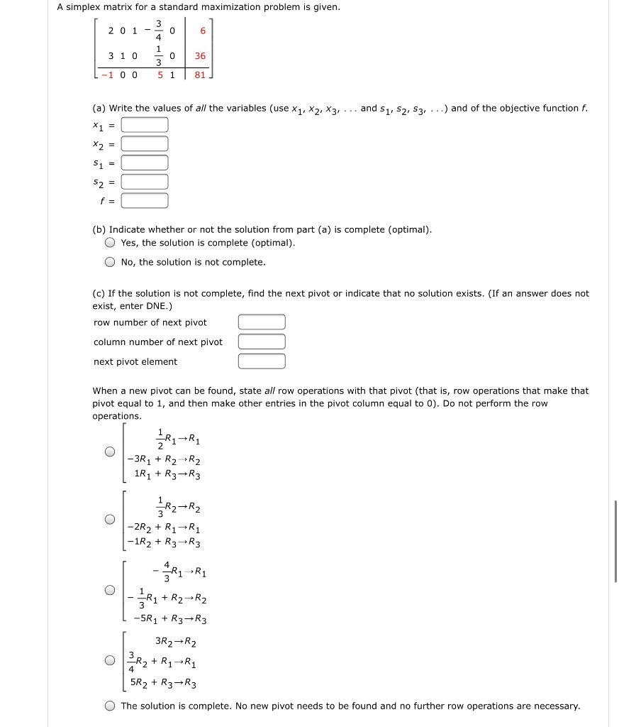 Solved A simplex matrix for a standard maximization problem | Chegg.com