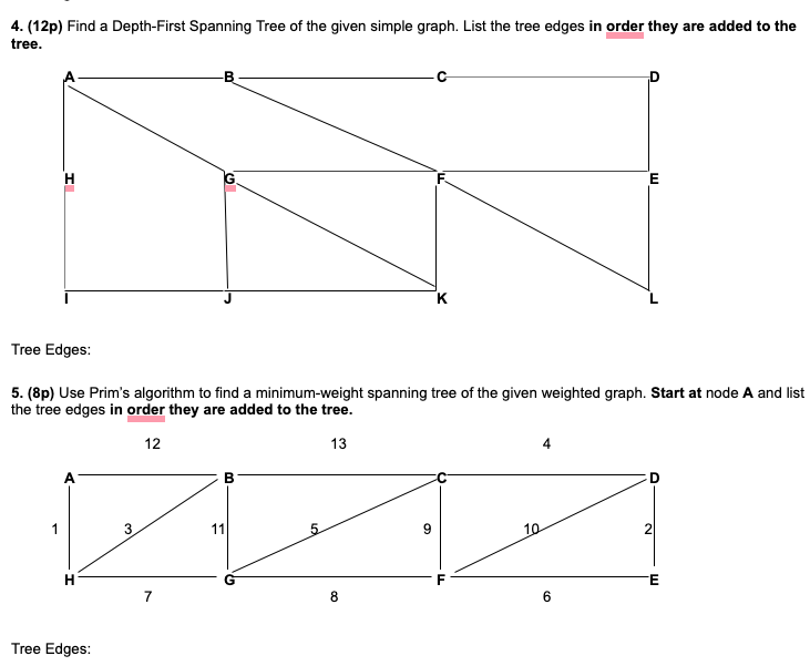 Solved 4. (12p) Find a Depth-First Spanning Tree of the | Chegg.com