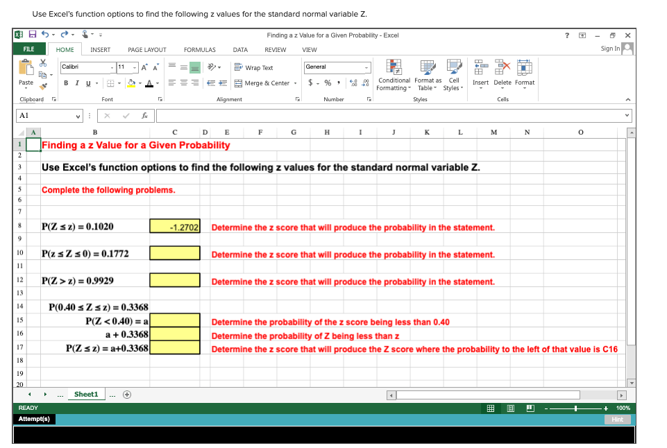 Solved Use Excel's function options to find the following z | Chegg.com
