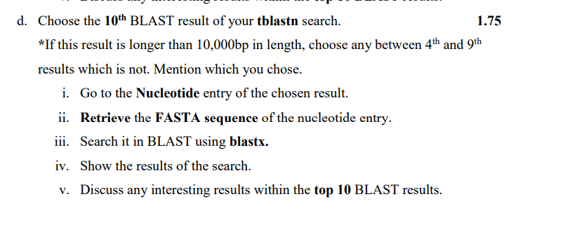 Solved d. Choose the 10th BLAST result of your tblastn | Chegg.com