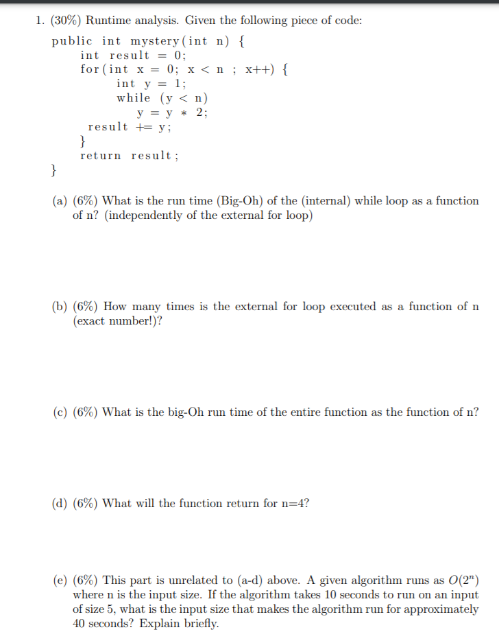 Solved 0; 1. (30%) Runtime analysis. Given the following | Chegg.com