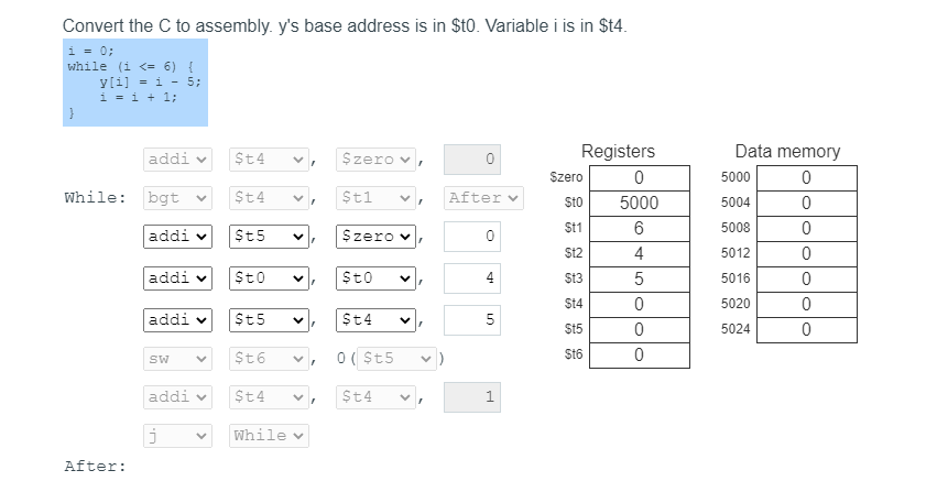 Solved Convert the C to assembly. y's base address is in | Chegg.com