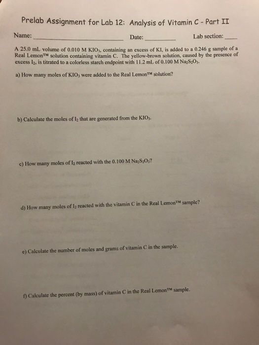 Solved Prelab Assignment for Lab 12: Analysis of Vitamin C- | Chegg.com