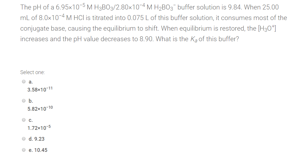 Solved The pH of a 6.95x10-5 M H3B03/2.80x10-4 M H2B03 | Chegg.com