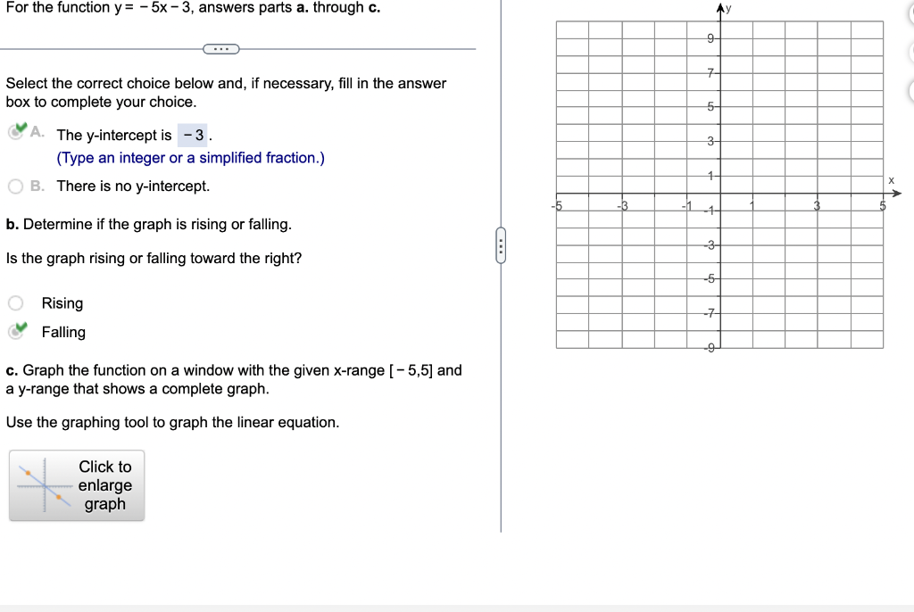 Solved For the function y=−5x−3, answers parts a. through c. | Chegg.com