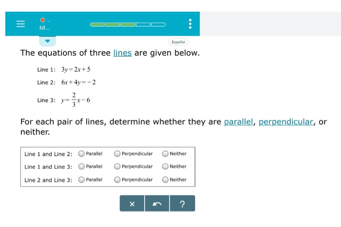 Solved 一。 Español The equations of three lines are given | Chegg.com