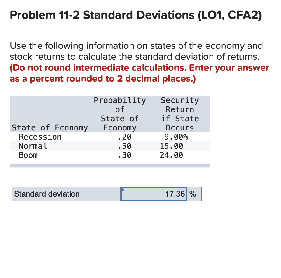 Solved Problem 11-2 Standard Deviations (LO1, CFA2) Use the | Chegg.com