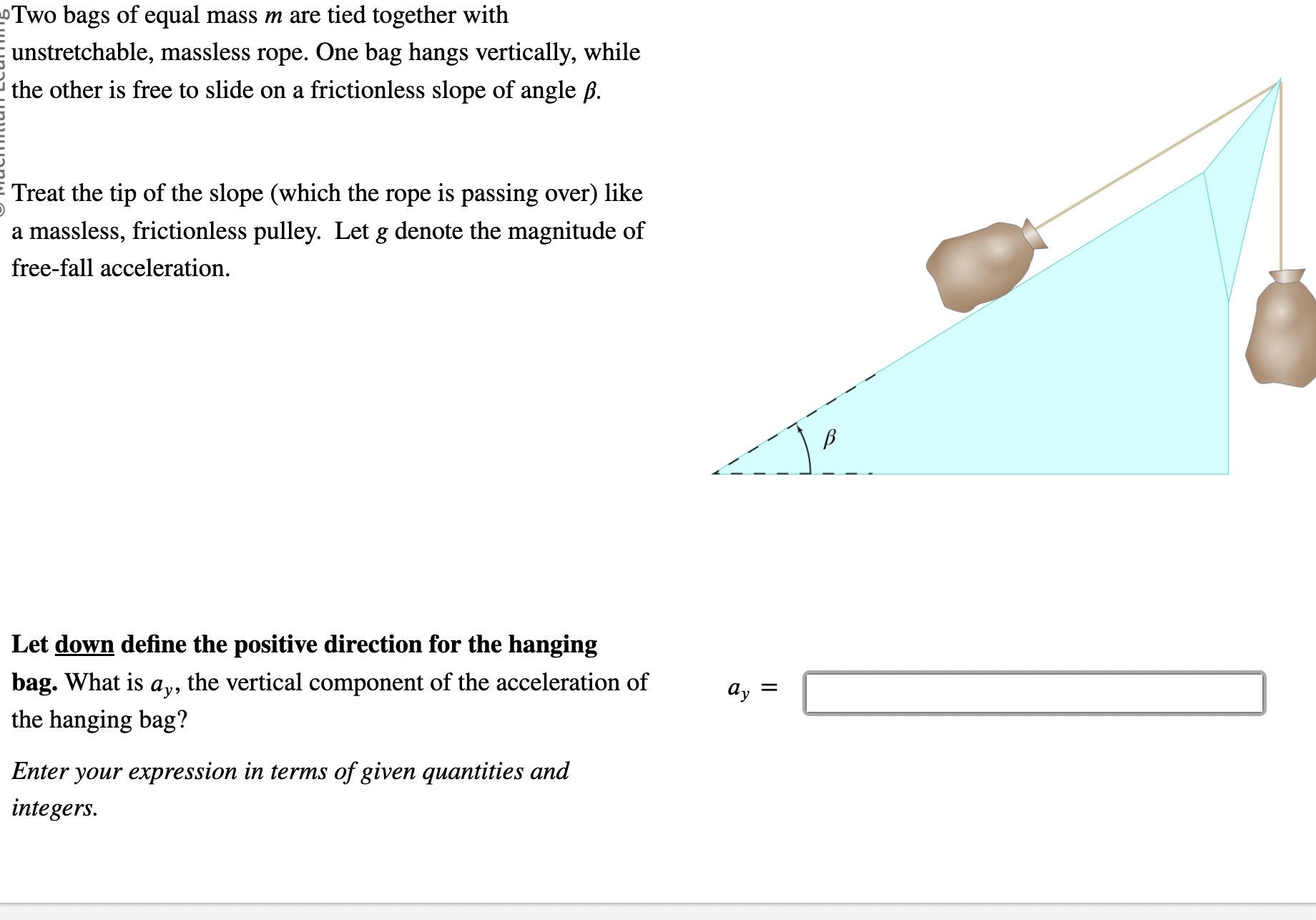 Solved Two bags of equal mass m ﻿are tied together | Chegg.com