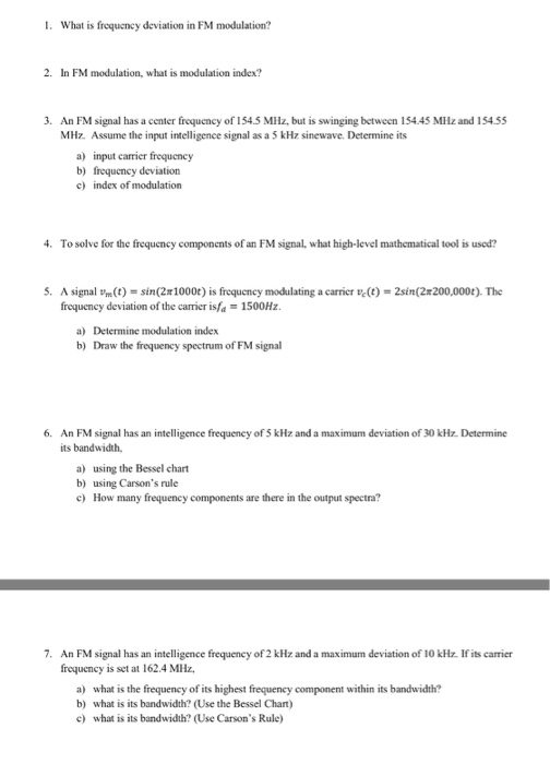 Solved I. What is frequency deviation in FM modulation'? 2. | Chegg.com