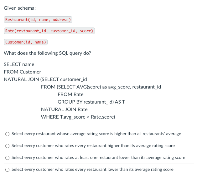 Solved What does the following SQL query do? SELECT name | Chegg.com