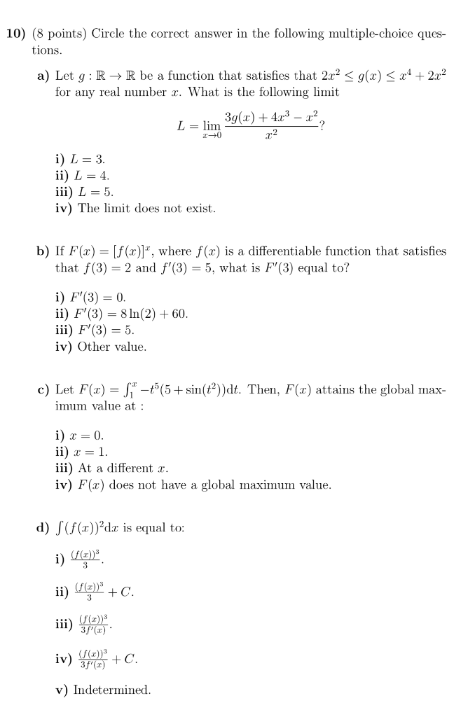 Solved 10) (8 points) Circle the correct answer in the | Chegg.com