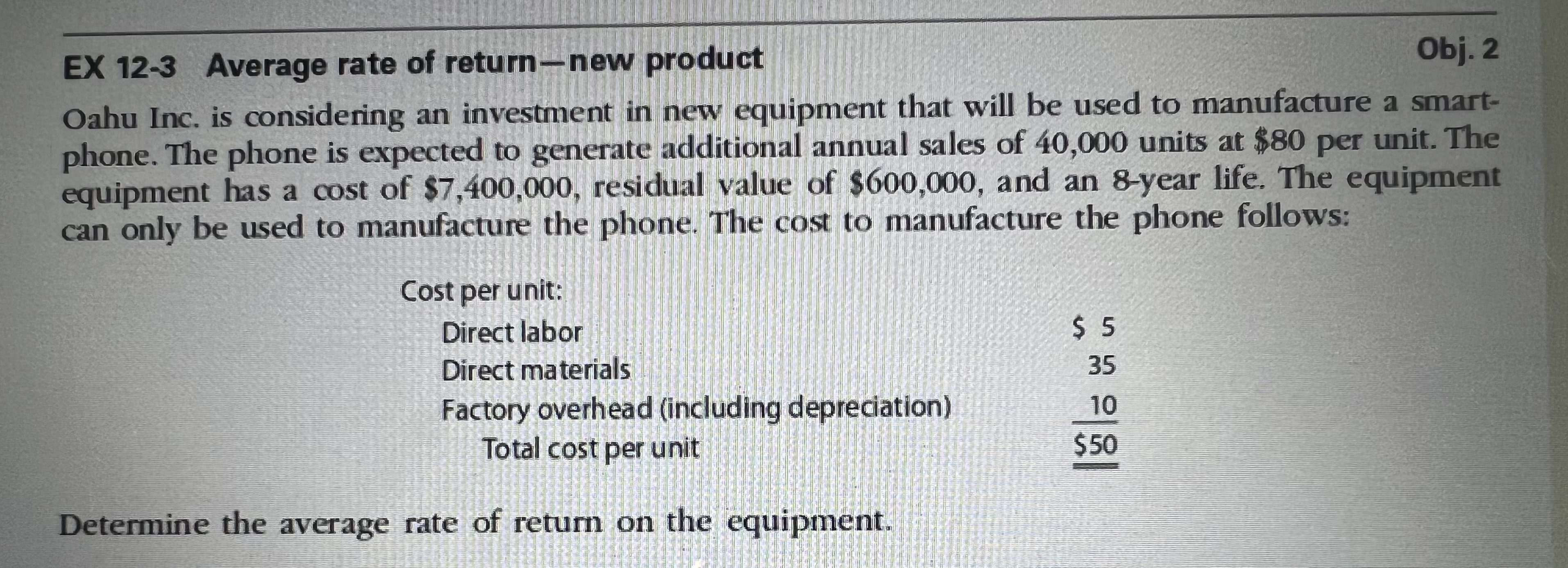 Solved EX 12-3 ﻿Average rate of return-new productOahu Inc. | Chegg.com