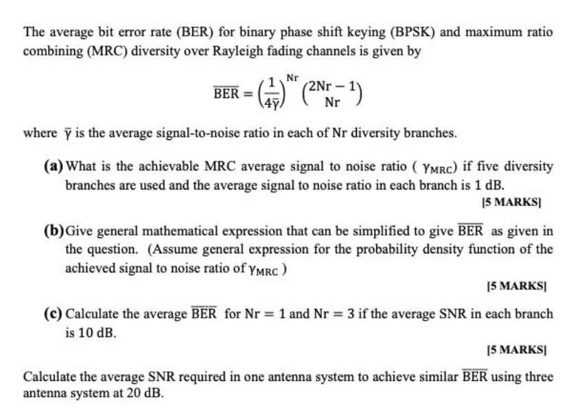 The average bit error rate (BER) for binary phase | Chegg.com