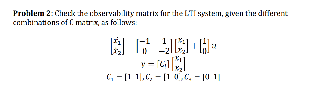 Solved Problem 2: Check the observability matrix for the LTI | Chegg.com