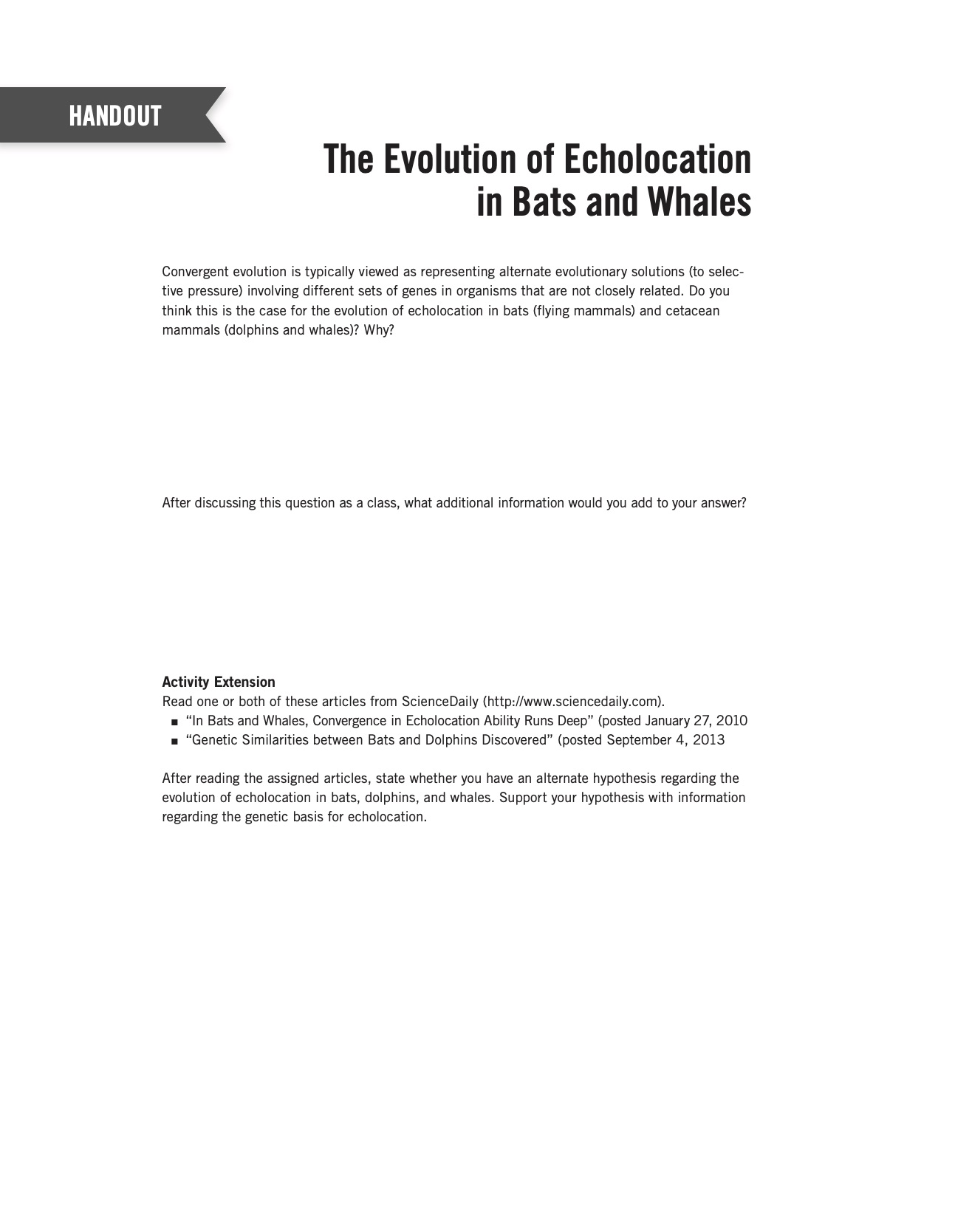 HANDOUT The Evolution of Echolocation in Bats and | Chegg.com