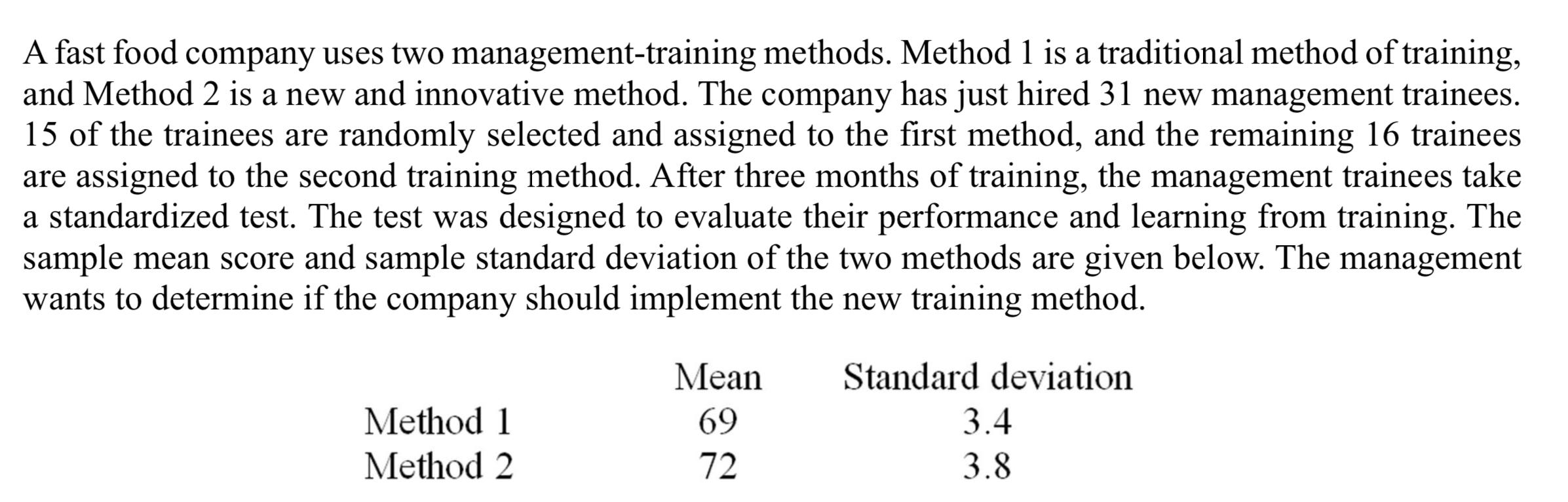 Solved A fast food company uses two management-training | Chegg.com