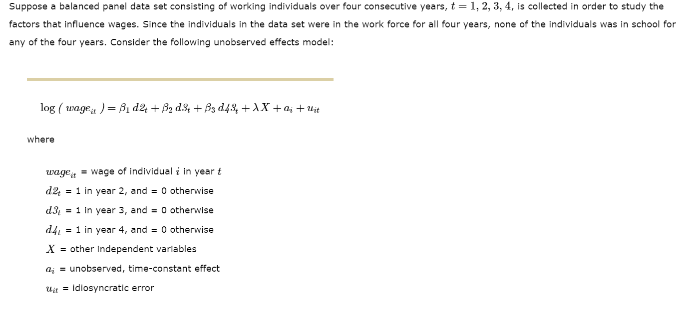 Solved Suppose a balanced panel data set consisting of | Chegg.com