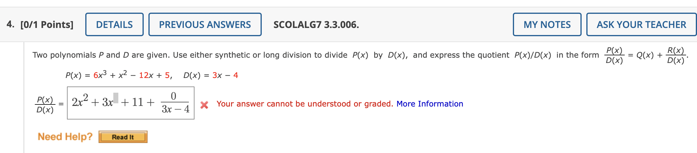 Solved [0/1 Points] SCOLALG7 3.3.006. Two polynomials P and | Chegg.com