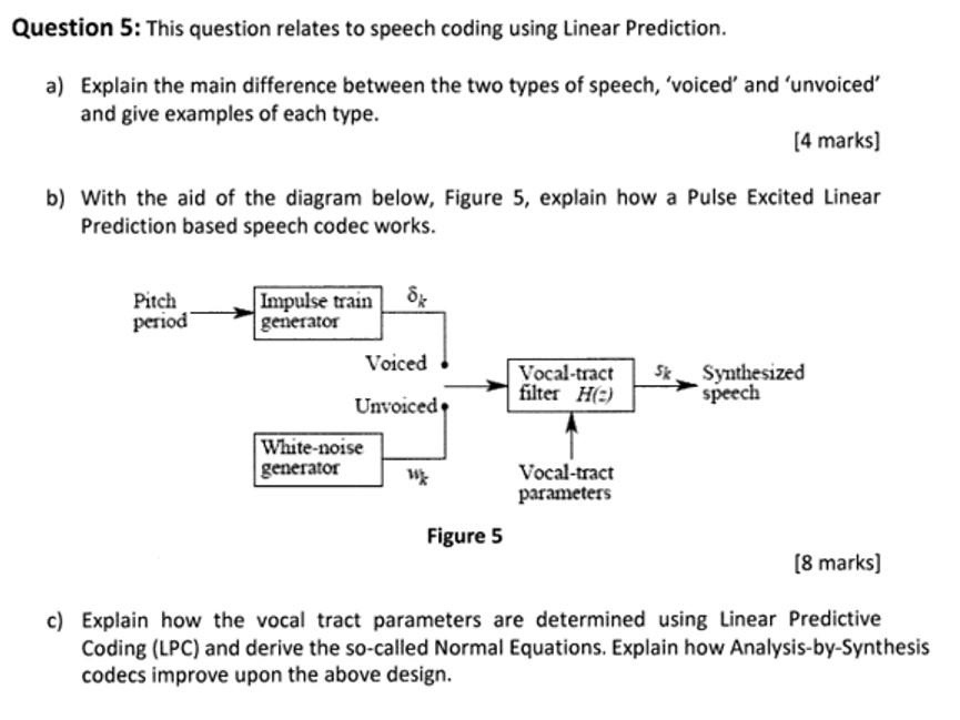 Solved Question 5: This question relates to speech coding | Chegg.com