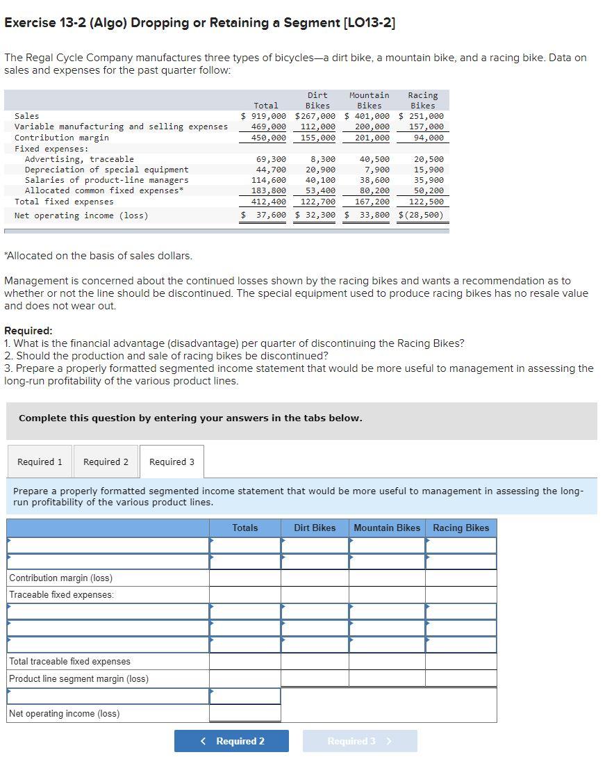 Solved Exercise 13-2 (Algo) Dropping or Retaining a Segment | Chegg.com