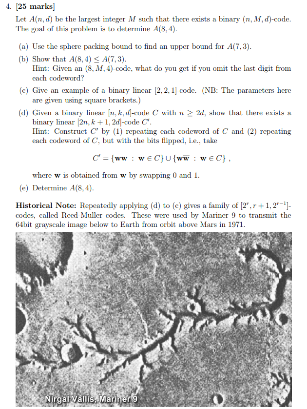 Solved 4. [25 marks] Let A(n, d) be the largest integer M | Chegg.com
