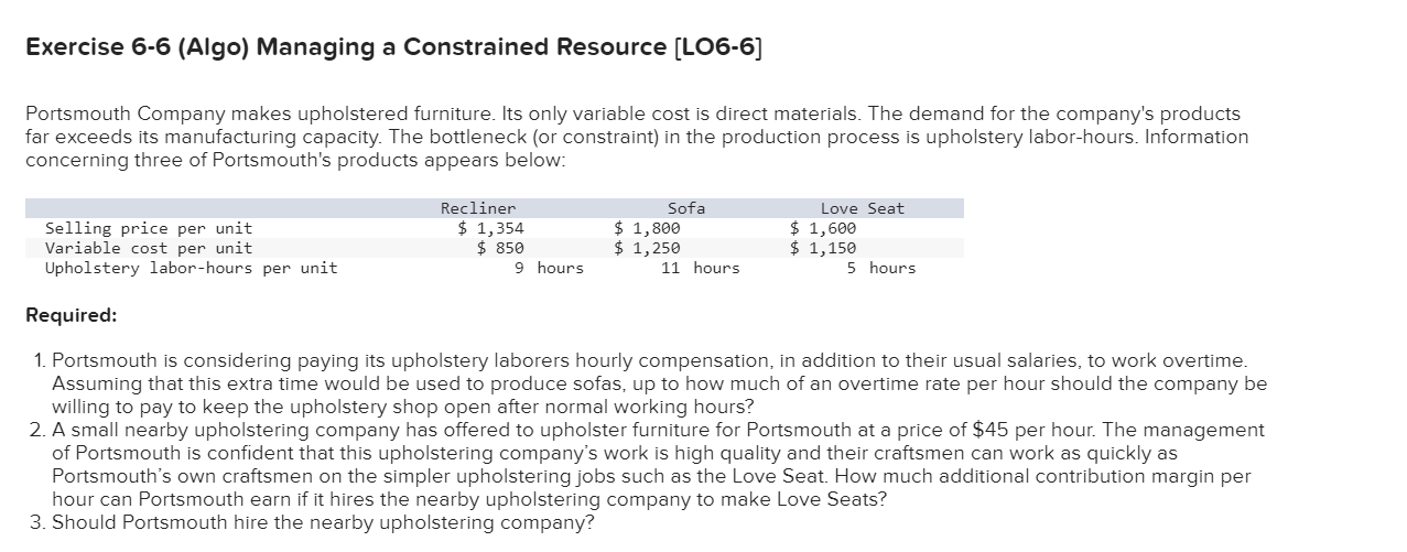 Solved Exercise 6-6 (Algo) Managing a Constrained Resource | Chegg.com