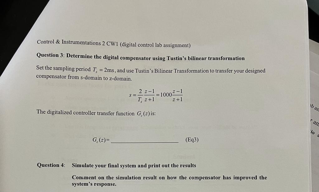 Solved Control & Instrumentations 2 CW1 (digital control lab | Chegg.com