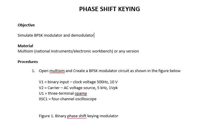 Solved PHASE SHIFT KEYING Objective Simulate BPSK modulator | Chegg.com