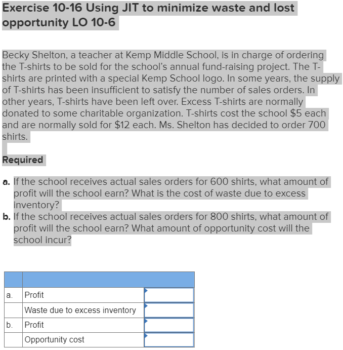 Solved Exercise 10-16 Using JIT to minimize waste and lost | Chegg.com
