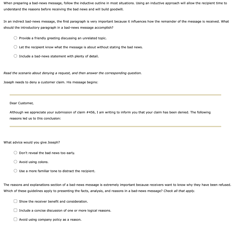 Solved When preparing a bad-news message, follow the | Chegg.com