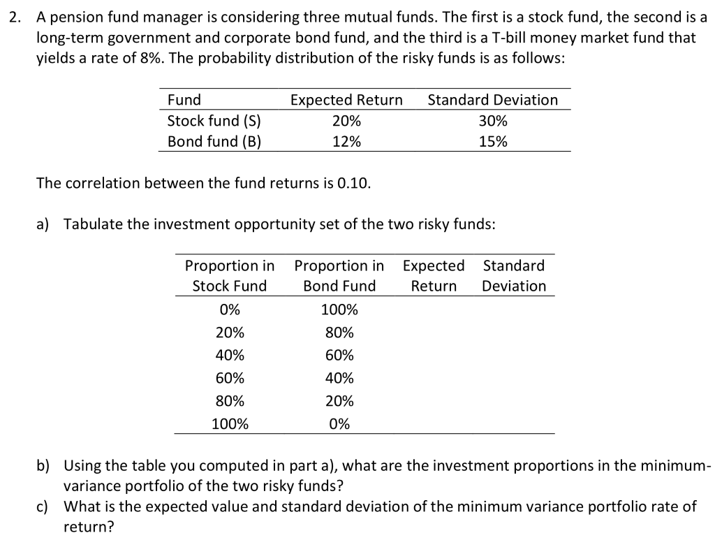 Solved 2. A pension fund manager is considering three mutual | Chegg.com