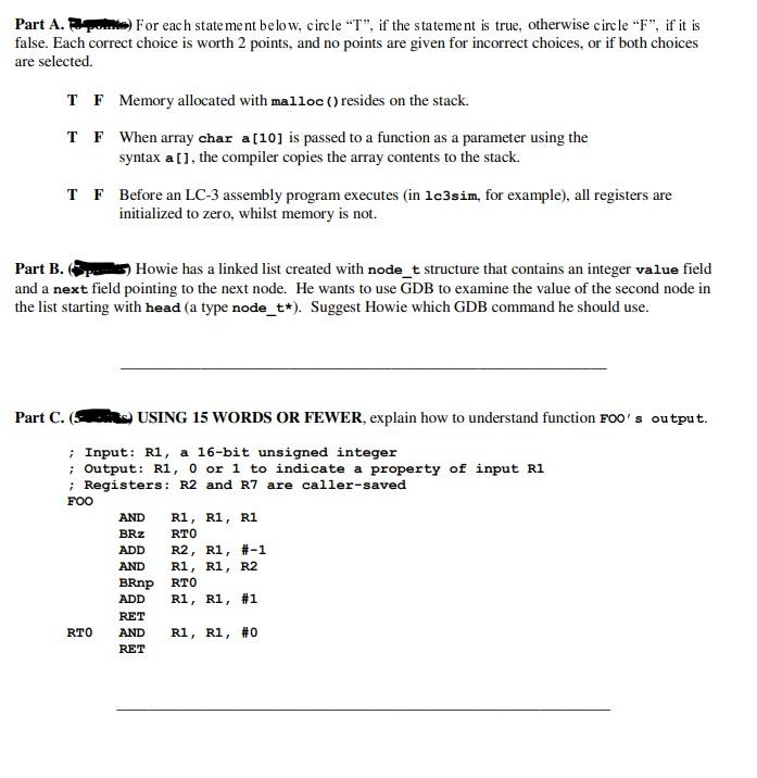 Solved Part A. From-) For each state ment below, circle "T", | Chegg.com