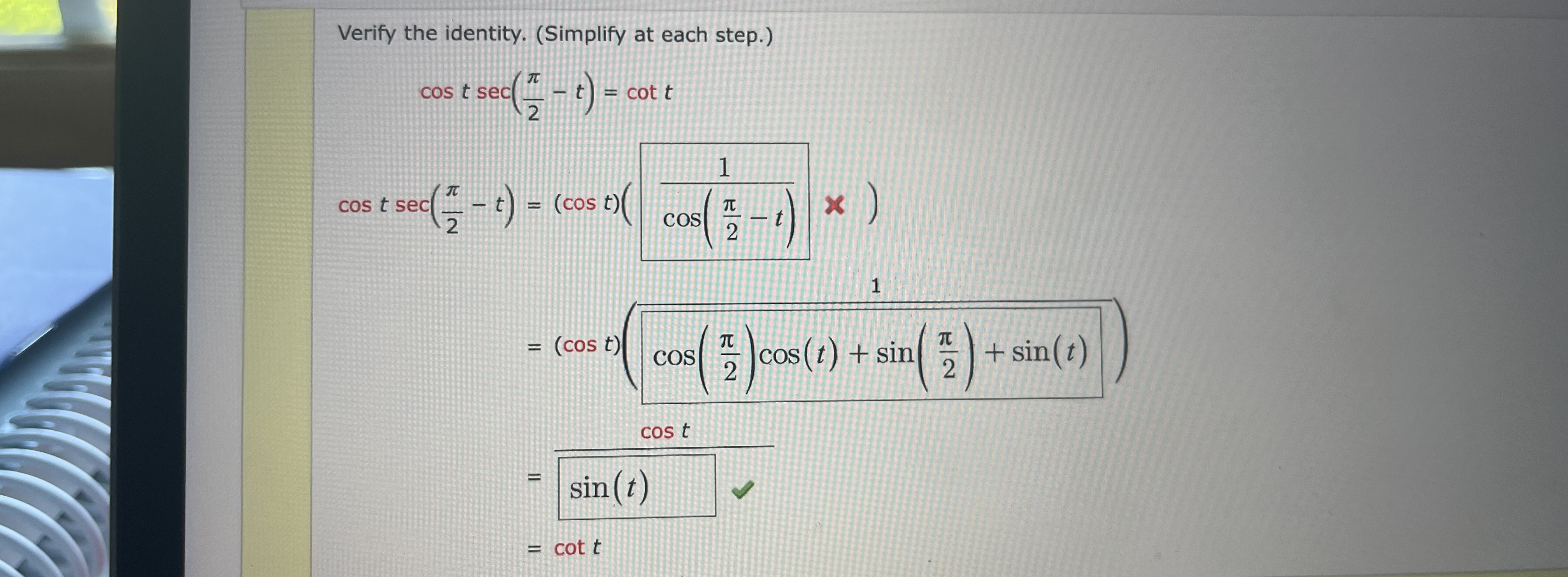 Solved Verify the identity. (Simplify at each step.) | Chegg.com