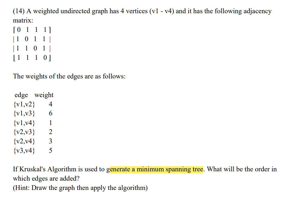 Solved (14) A weighted undirected graph has 4 vertices (v1 - | Chegg.com