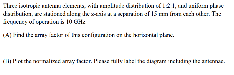 Solved Three isotropic antenna elements, with amplitude | Chegg.com