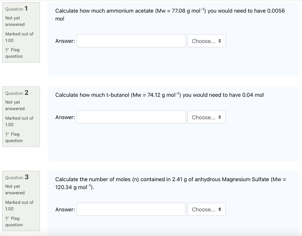 Solved Question 1 Calculate how much ammonium acetate (Mw = | Chegg.com