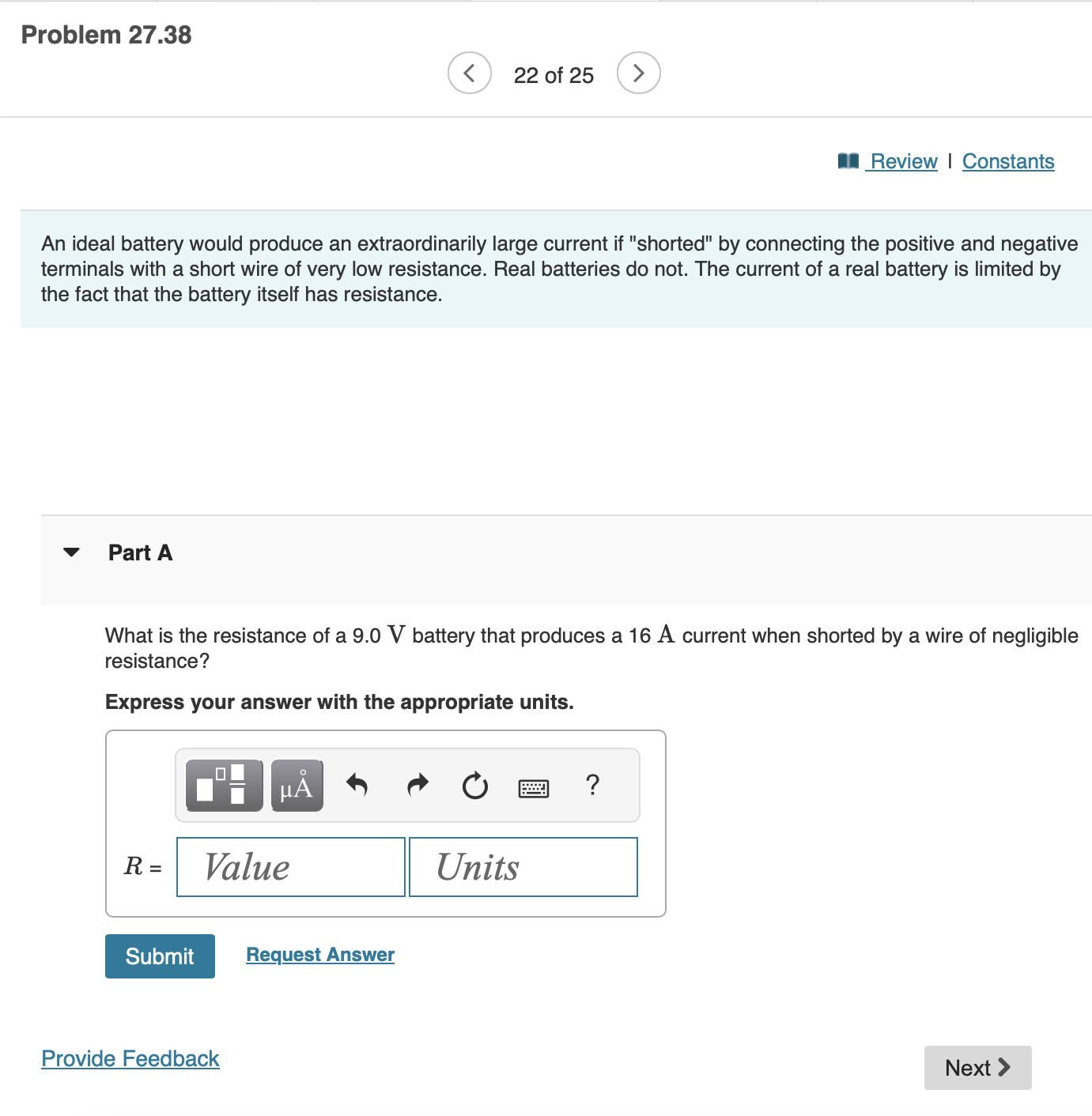 Solved 22 of 25 An ideal battery would produce an | Chegg.com
