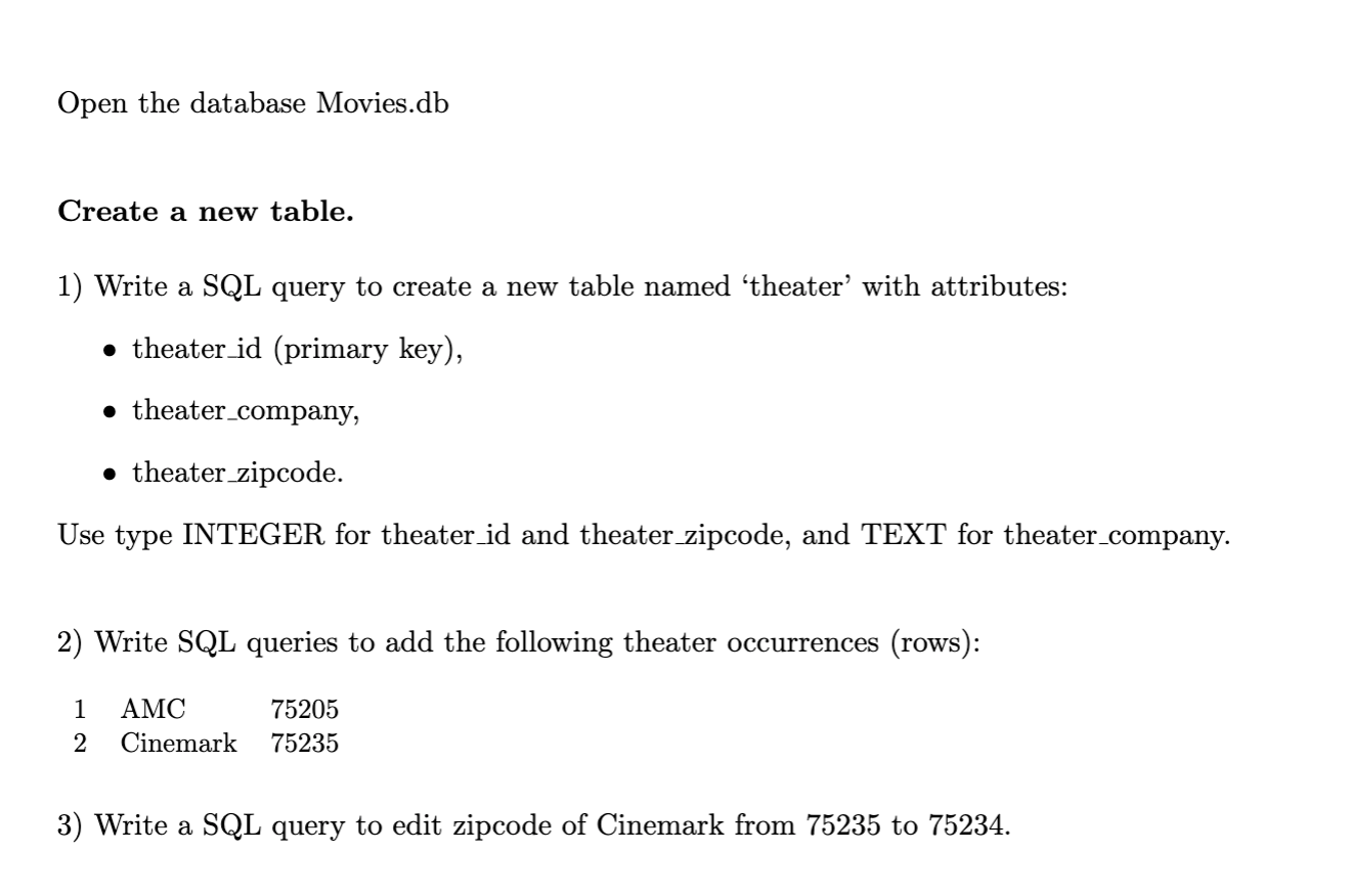 Solved Open the database Movies.db Create a new table. 1) | Chegg.com Solved Open the database Movies.db Create a new table. 1) | Chegg.com