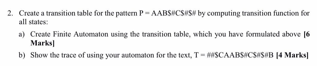 Solved 2. Create a transition table for the pattern P= | Chegg.com