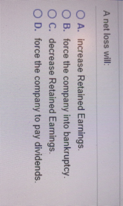 Solved A net loss will O A. increase Retained Earnings. O B. | Chegg.com