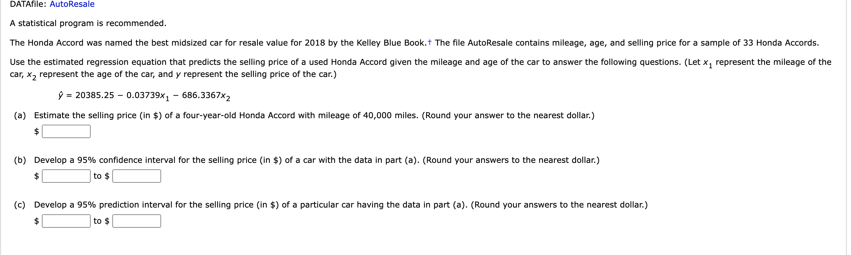 DATAfile: AutoResale A statistical program is | Chegg.com