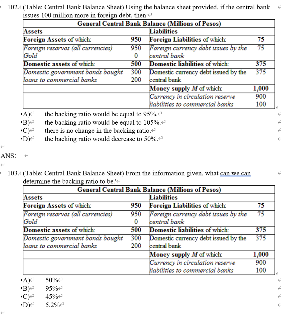 Solved f 101. (Table: Central Bank Balance Sheet) In the | Chegg.com