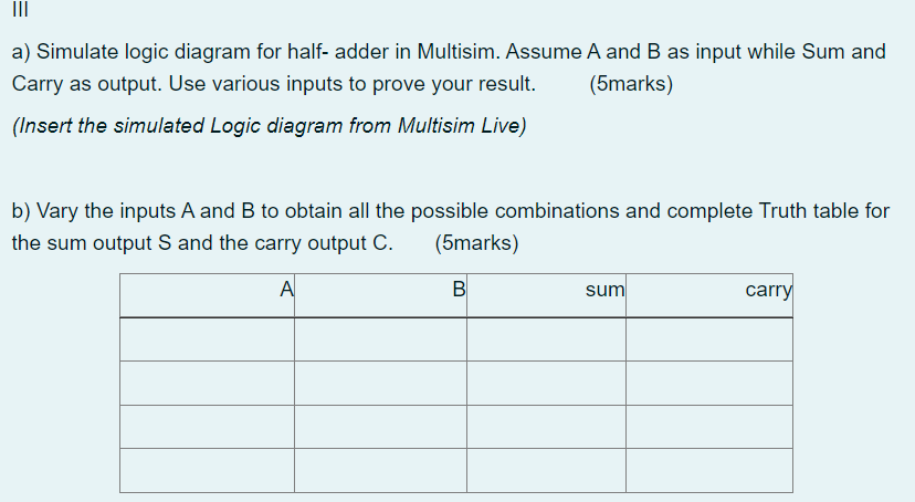 Solved III a) Simulate logic diagram for half- adder in | Chegg.com