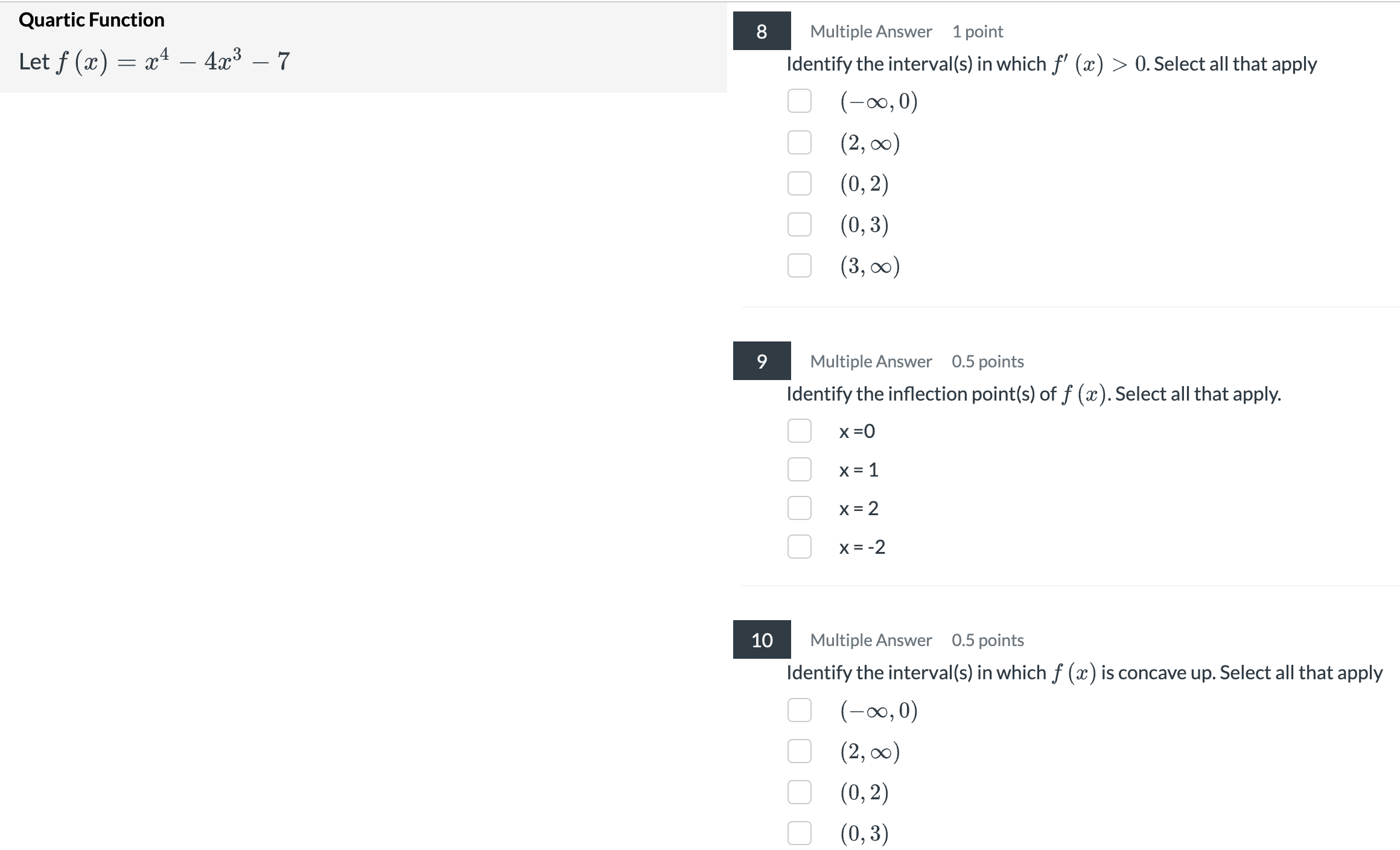 Solved Quartic FunctionLet f(x)=x4-4x3-78Multiple Answer1 | Chegg.com