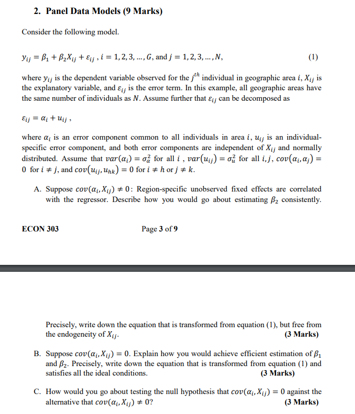 2. Panel Data Models (9 Marks) Consider the following | Chegg.com