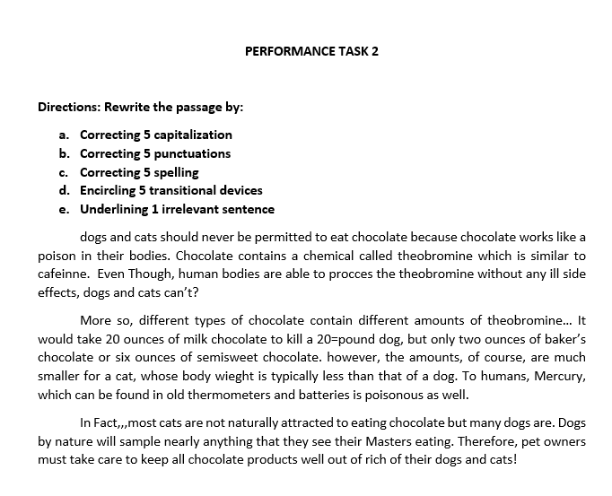 PERFORMANCE TASK 2 Directions: Rewrite the passage | Chegg.com