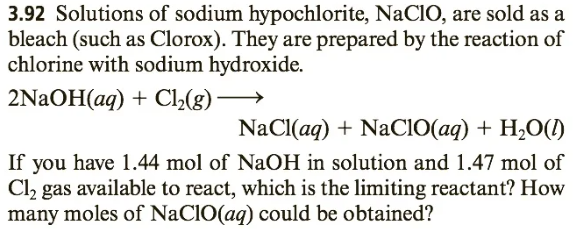 Solved 3.92 Solutions of sodium hypochlorite, NaClO, are | Chegg.com