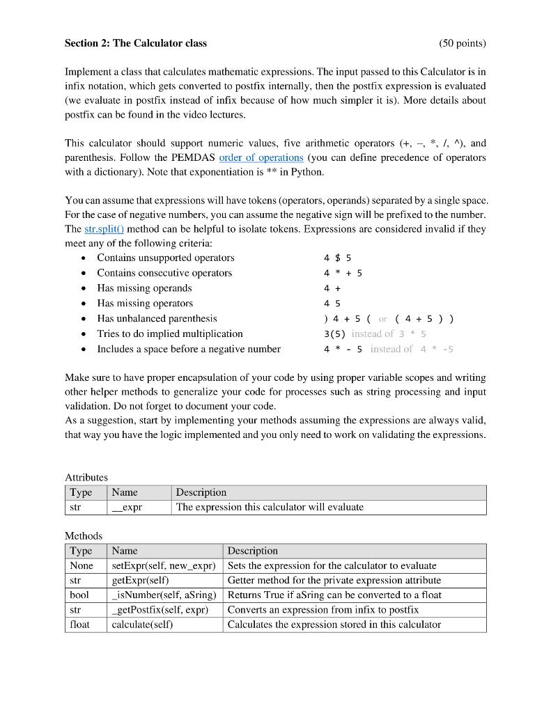 Solved Section 2: The Calculator class (50 points) Implement | Chegg.com