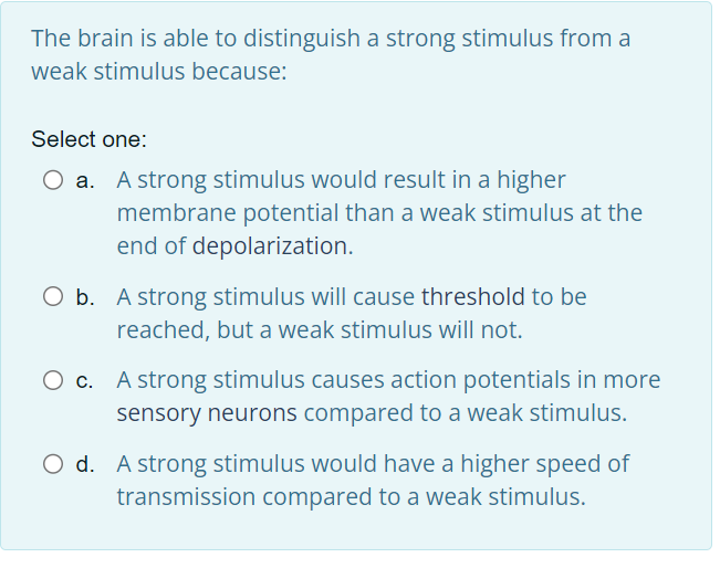 Solved The brain is able to distinguish a strong stimulus | Chegg.com