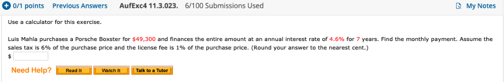 Solved + 0/1 points Previous Answers AufExc4 11.3.023. 6/100 | Chegg.com
